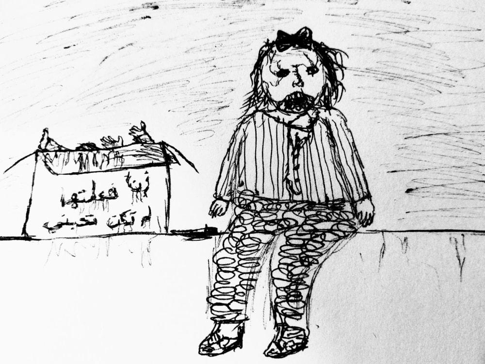 A freehand drawing of a terrifying character with a sentence explaining ...