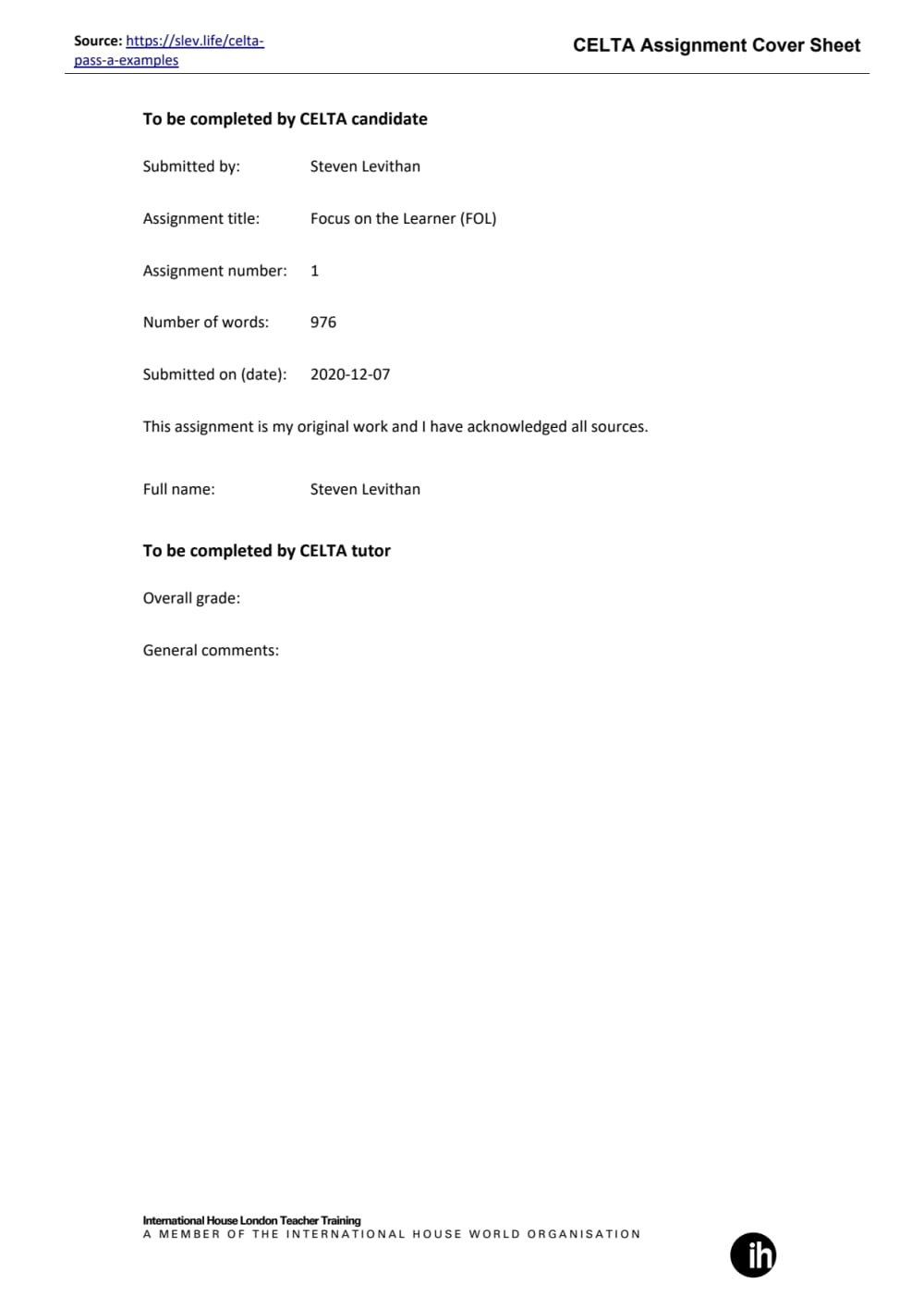 Report Format Sample Assignment