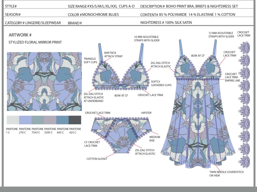 Lingerie & sleepwear cad sketches and tech packs | Upwork