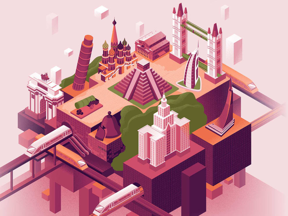 Isometric vector illustration, map with architecture, city buildings ...