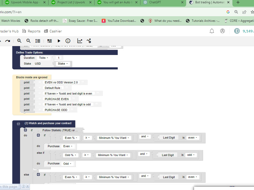 An Auto trading Deriv bot based on Odd and Even predictions | Upwork An Auto trading Deriv bot based on Odd and Even predictions | Upwork