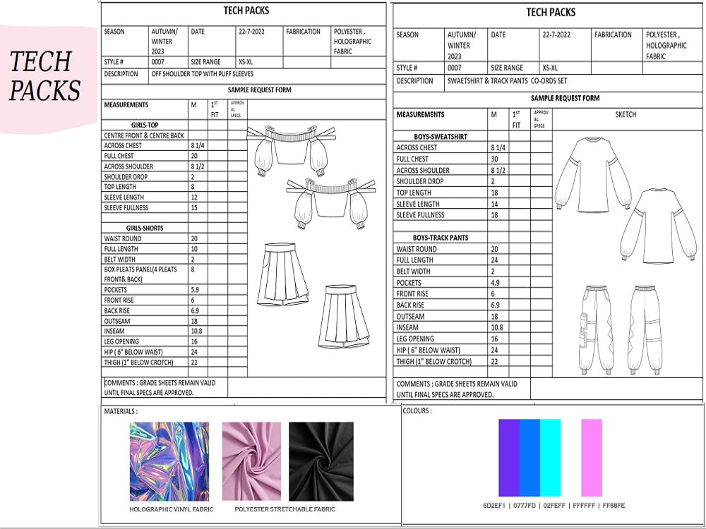 A full detailed Techpack of your garment with colorways and all artworks. | Upwork
