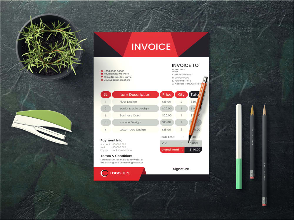 A fantastic eye catching modern invoice design for your business | Upwork