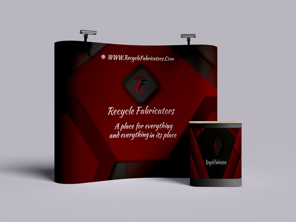 A fantastic design of trade show booth, backdrop and roll up banner ...