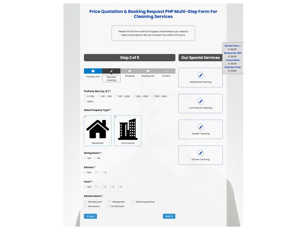 Price Quotation & Booking Request PHP Multi-Step Form For Cleaning Services | Upwork
