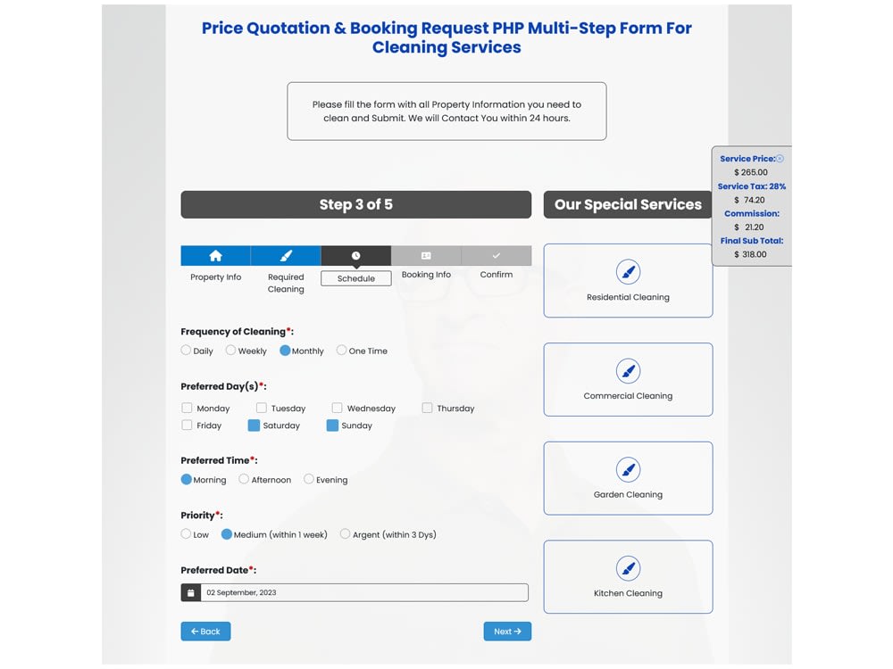 Price Quotation & Booking Request PHP Multi-Step Form For Cleaning Services | Upwork