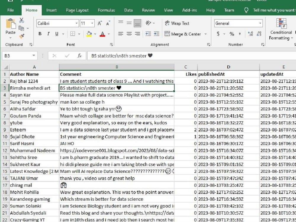 Youtube video comments scraped into Excel | Upwork