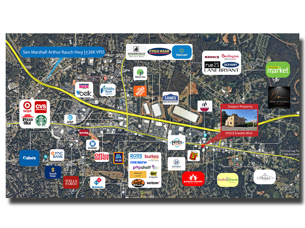 A retail trade aerial map with site arrow, logo labels and graphics ...