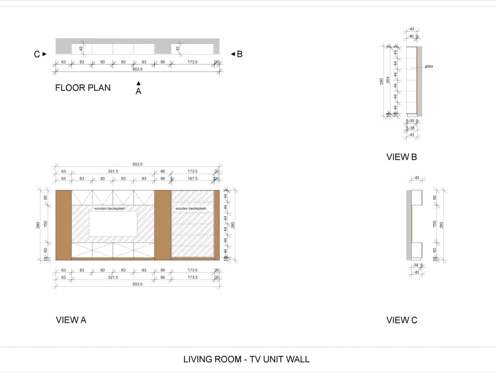 A 2D plan and 3D rendering of the TV UNIT WALL in your LIVING ROOM | Upwork