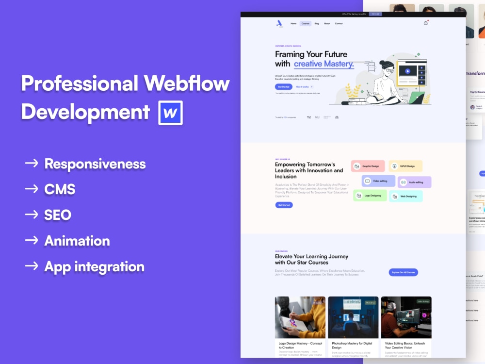 Webflow site with responsiveness, CMS, SEO, Animation, and App ...