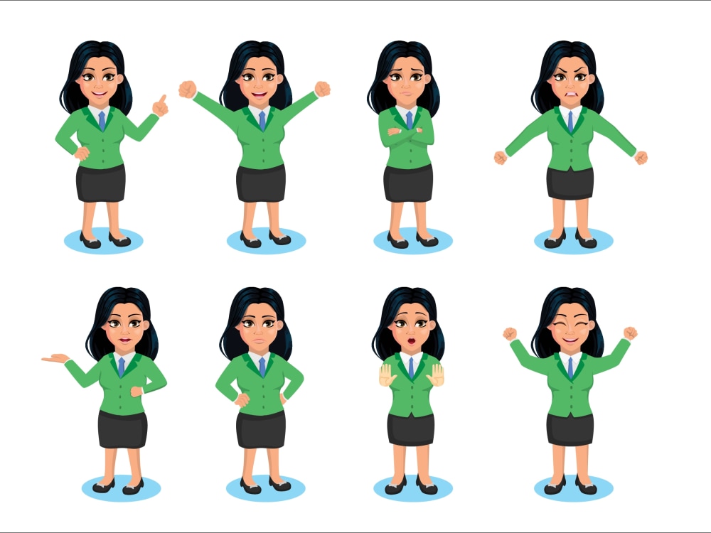 Flat cartoon character and portrait with different poses | Upwork
