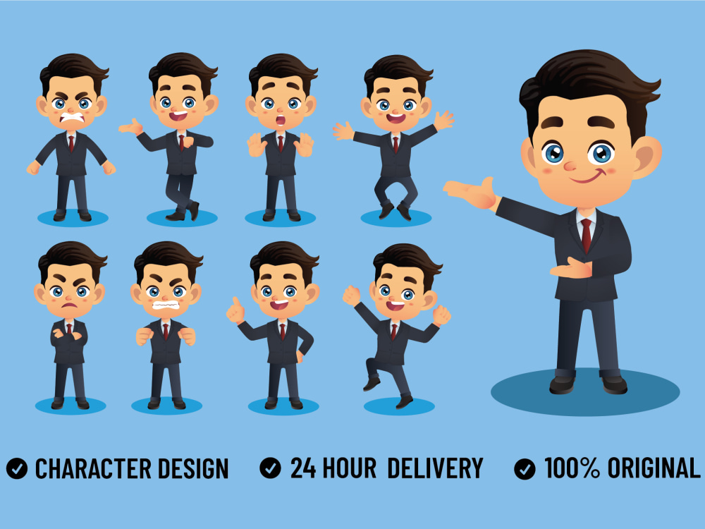 Flat cartoon character and portrait with different poses | Upwork