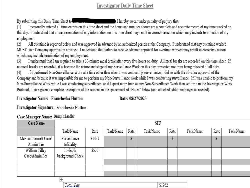 You a detailed Private Investigation report | Upwork