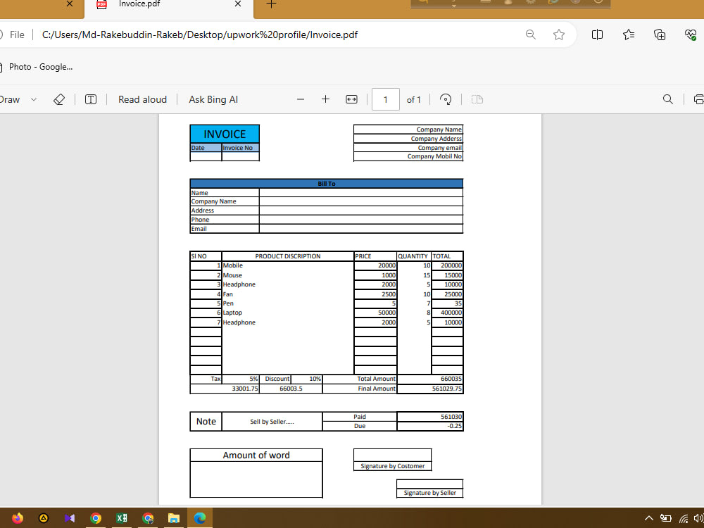 A dynamic Excel invoice worksheet | Upwork