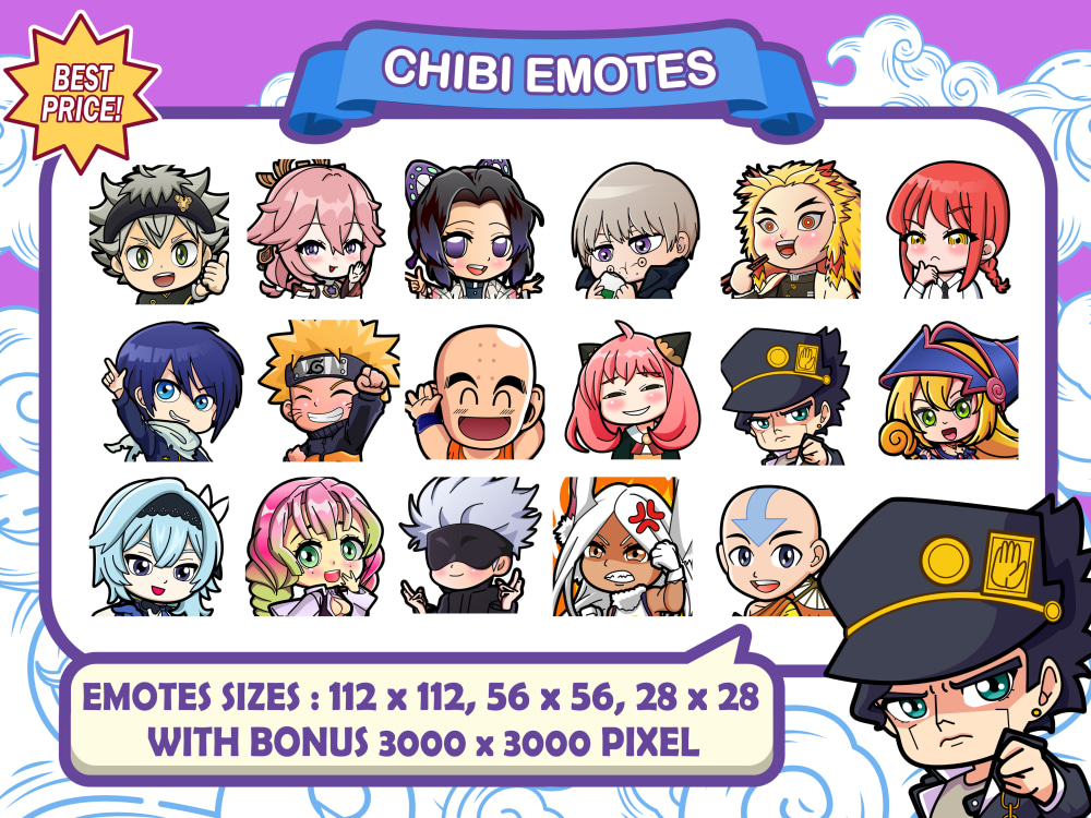 Custom chibi emotes and sub badges for twitch, kick, youtube, and ...