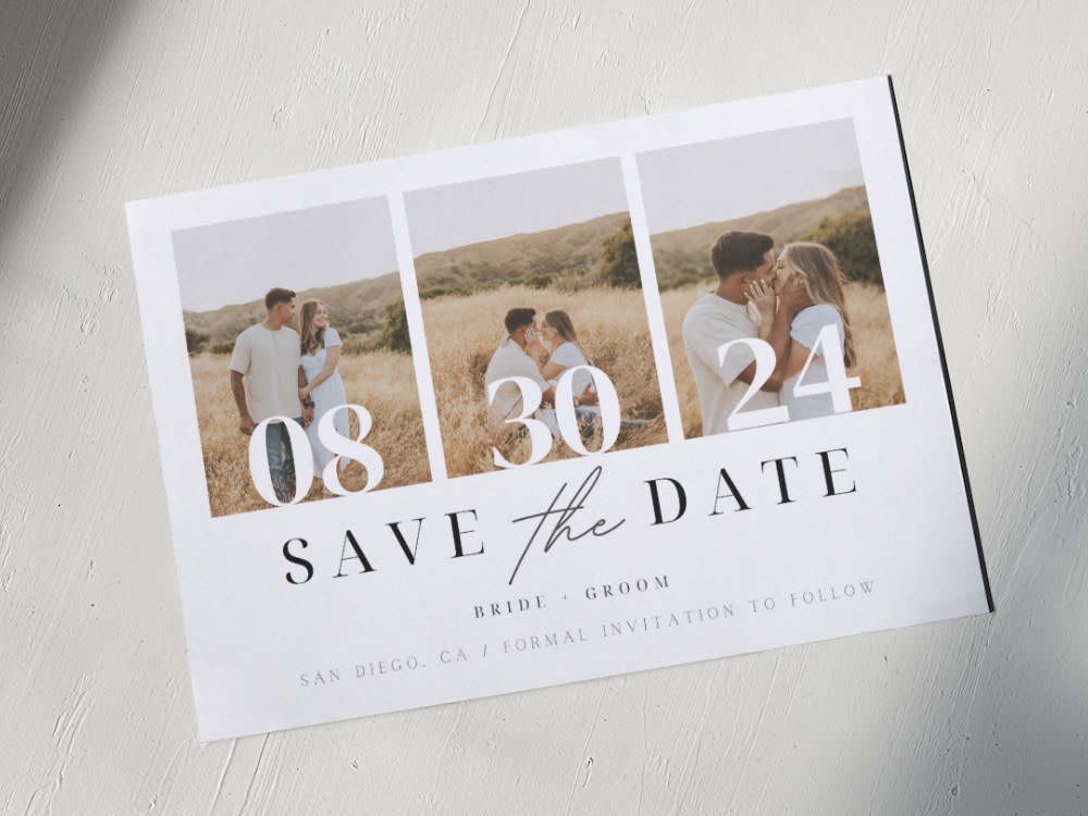 A curated wedding package with a save the date, invitation, and signs ...