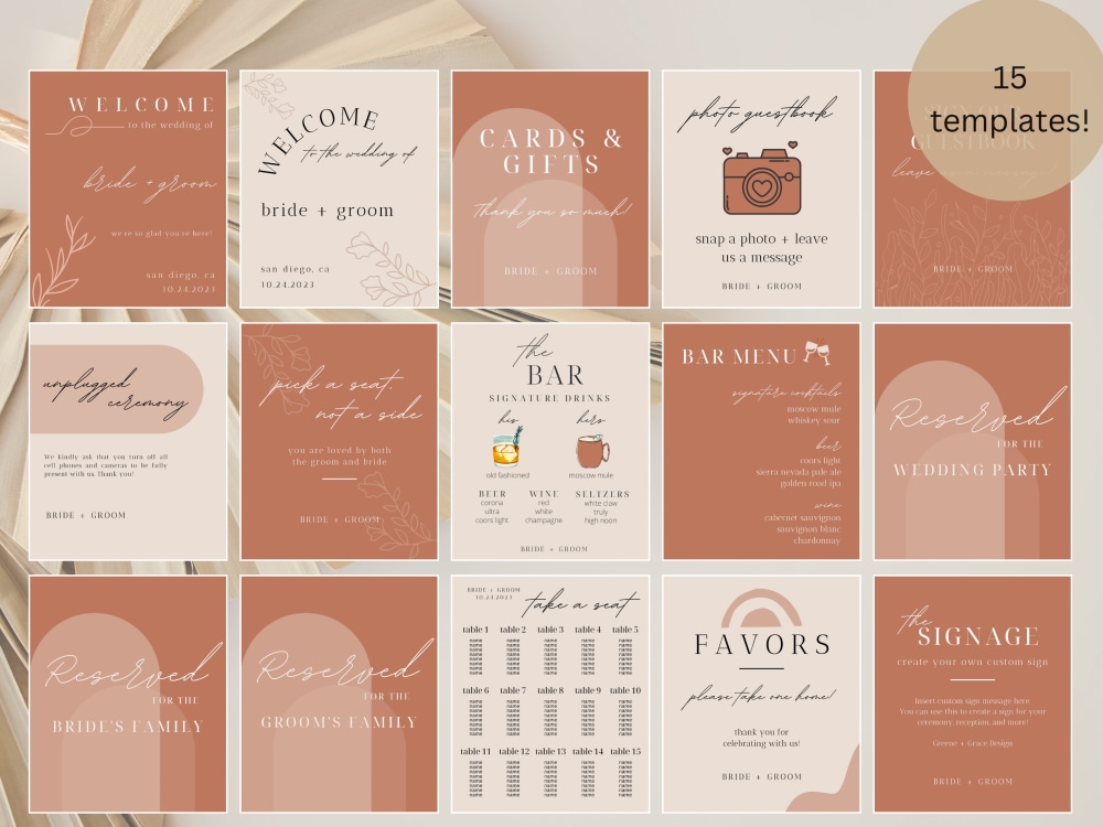 A curated wedding package with a save the date, invitation, and signs ...