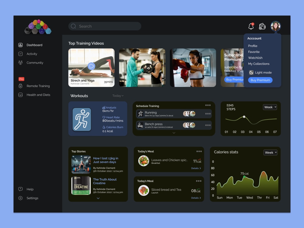Health and Fitness app, Work Out Training app Dashboard UI UX Design ...
