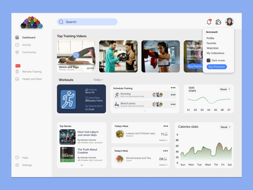 Health and Fitness app, Work Out Training app Dashboard UI UX Design ...