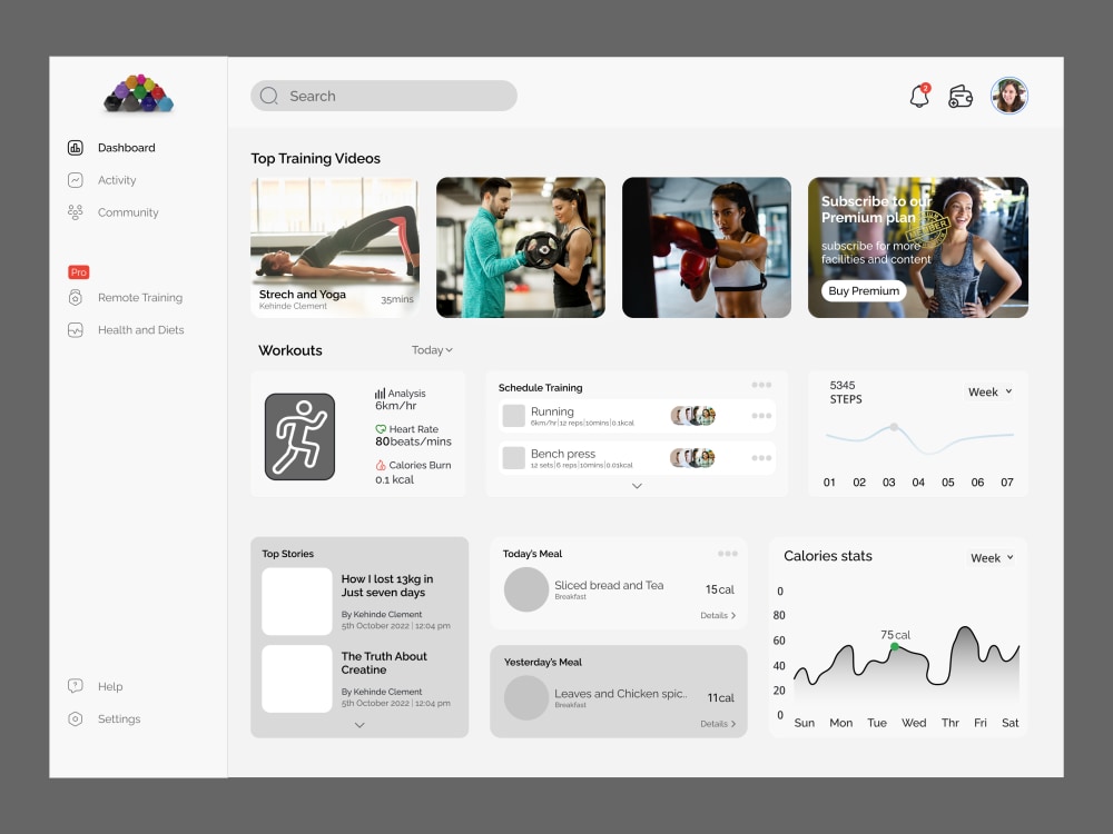 Health and Fitness app, Work Out Training app Dashboard UI UX Design ...