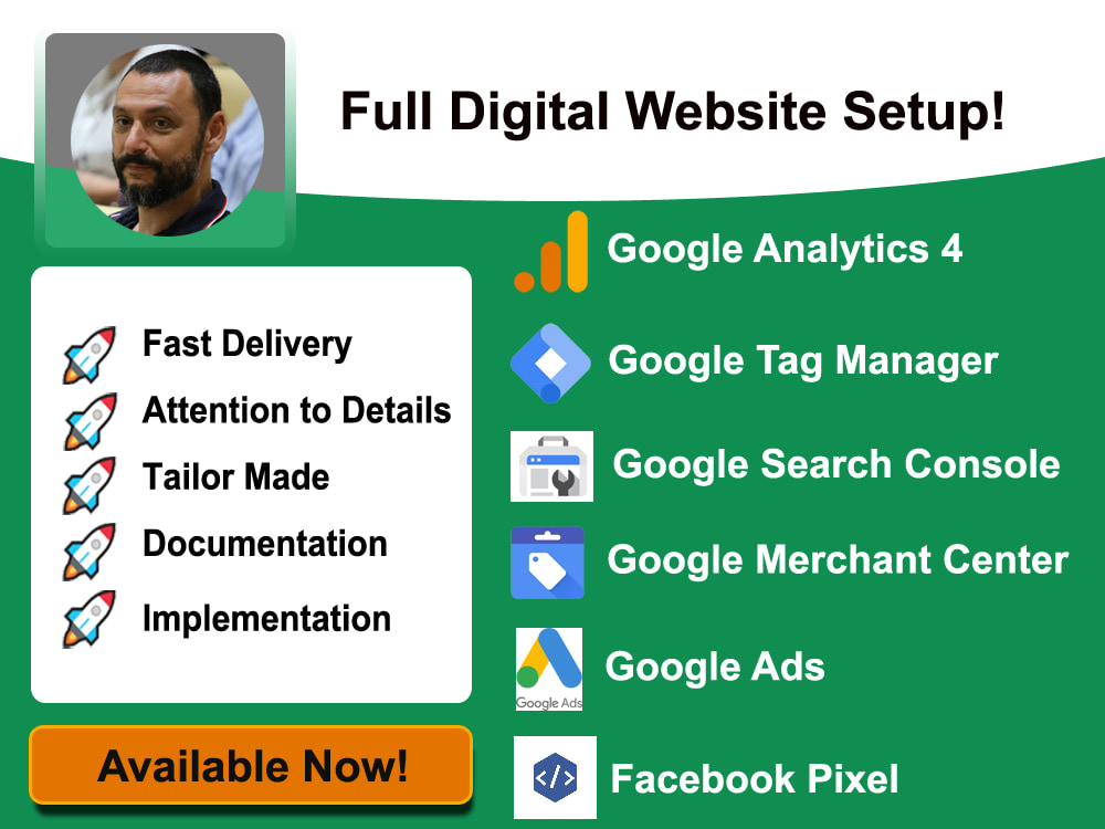 Full Digital Website Setup: GA4 | GTM | GSC | GMC | Google Ads | FB Pixel | Upwork