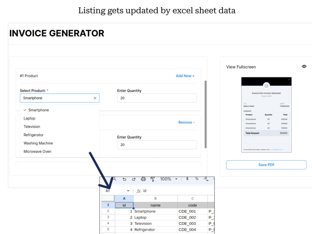 Website to generate invoice (.pdf) using data from Excel sheet | Upwork