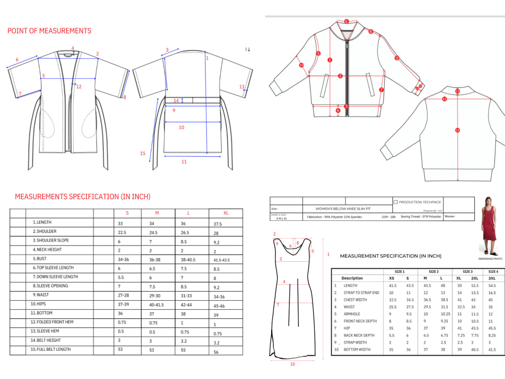A factory standard clothing measurements specification sheet or size ...