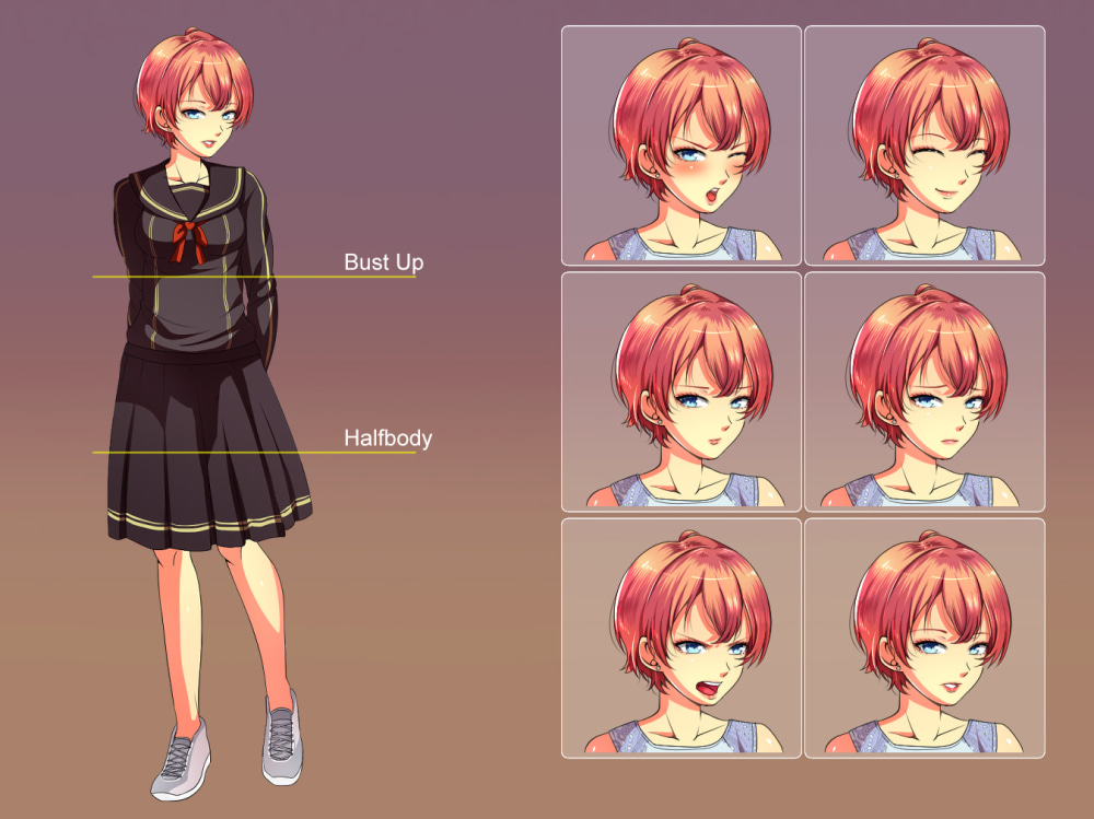 Anime character design for visual novel | Upwork