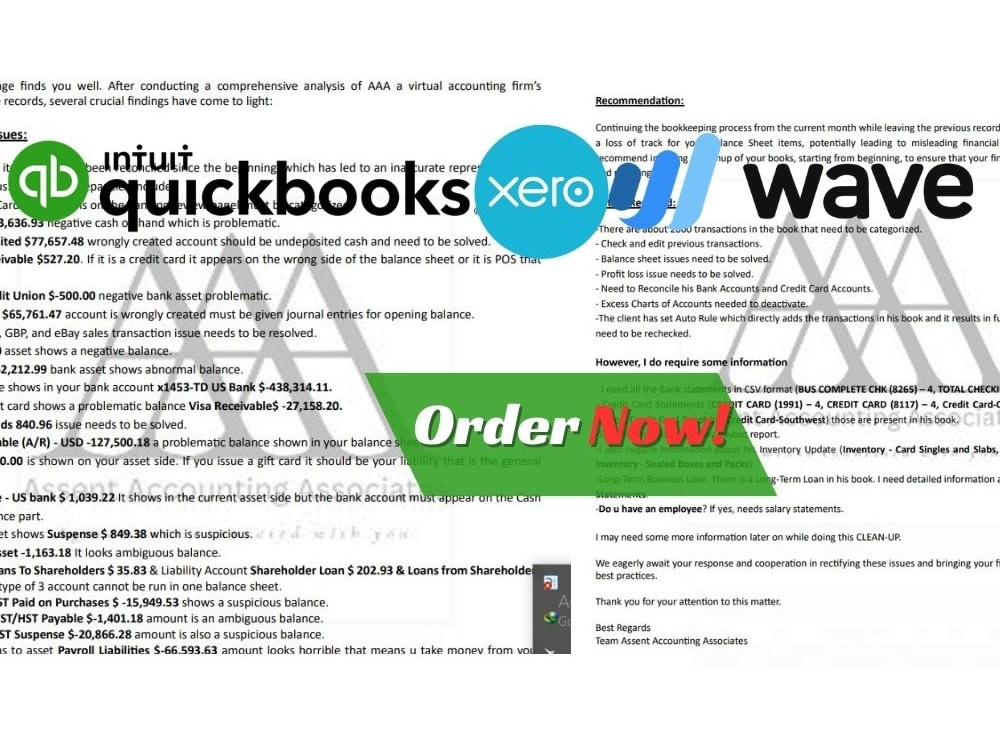 Diagnosis report on your Quickbooks Online Xero Wave Accounting Book | Upwork
