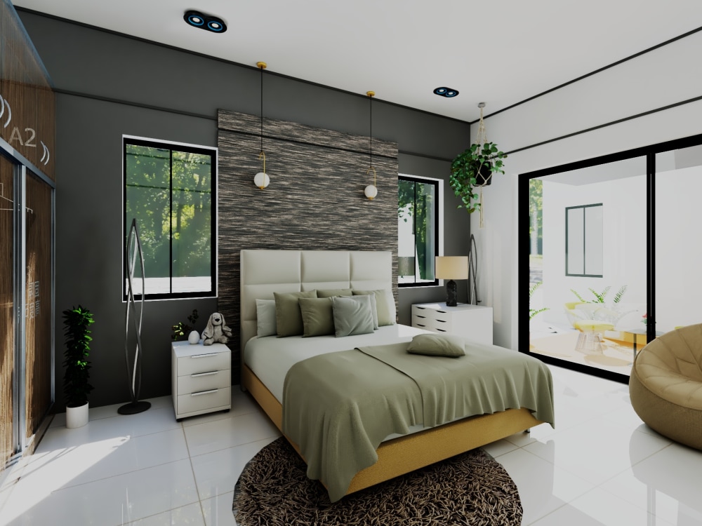 Interior design and 3d rendering of bedroom, living room, and Kitchen ...