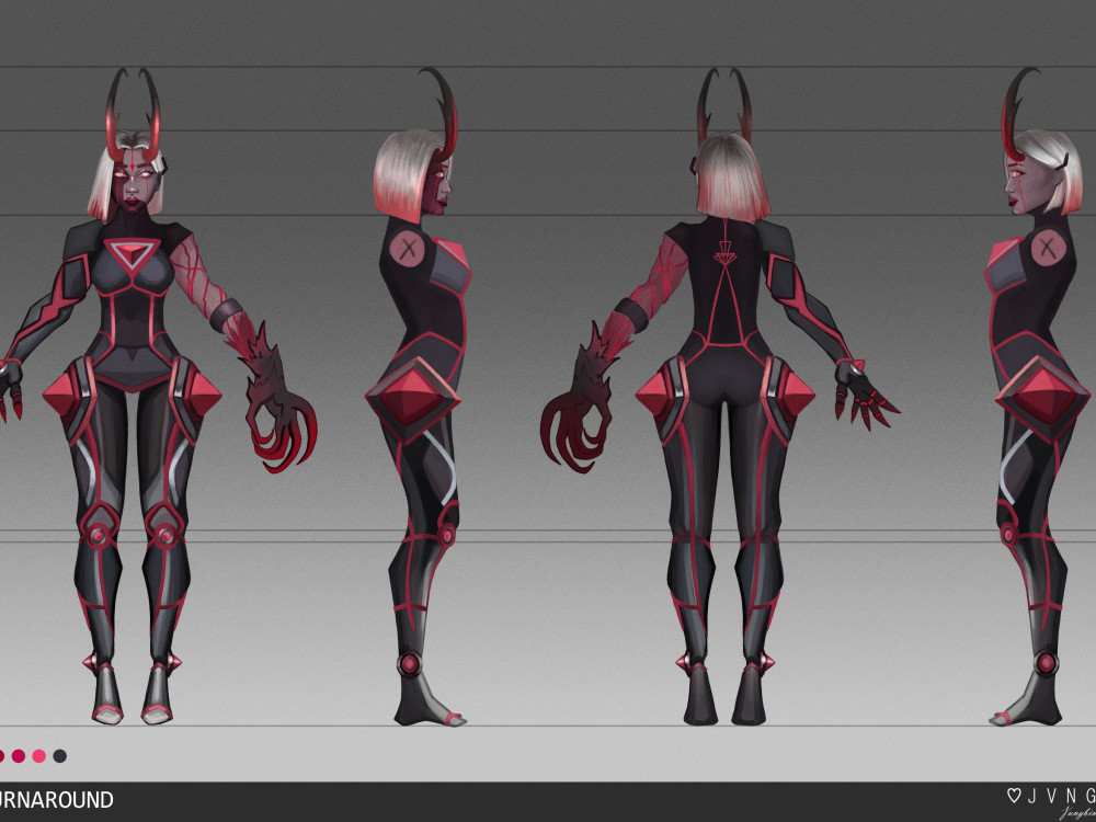 A custom made character concept art (turnarounds, expression sheet, etc ...