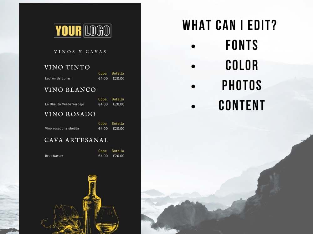 A fantastic editable menu for your restaurant or bar in 4 languages ...