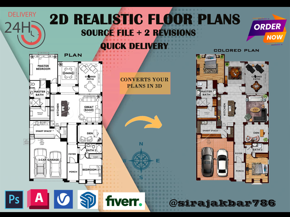 Professional architectural 2d floor plan rendering in photoshop | Upwork