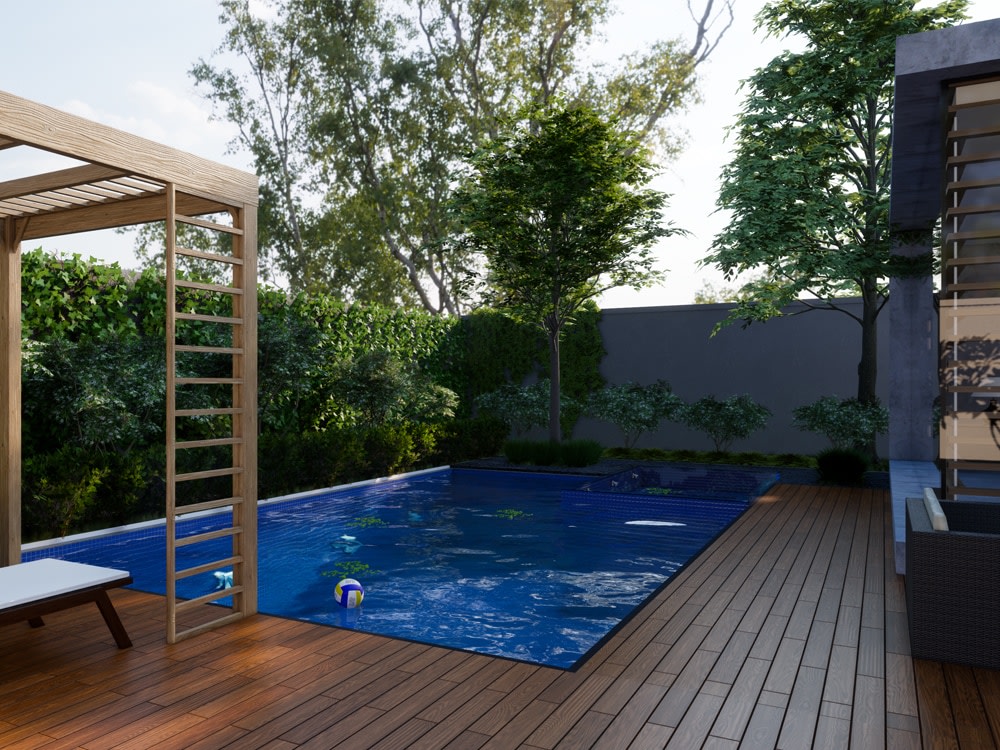 Landscape design of a backyard, garden, patio, terrace, pool rendering ...