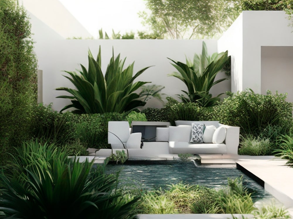 Landscape design of a backyard, garden, patio, terrace, pool rendering ...