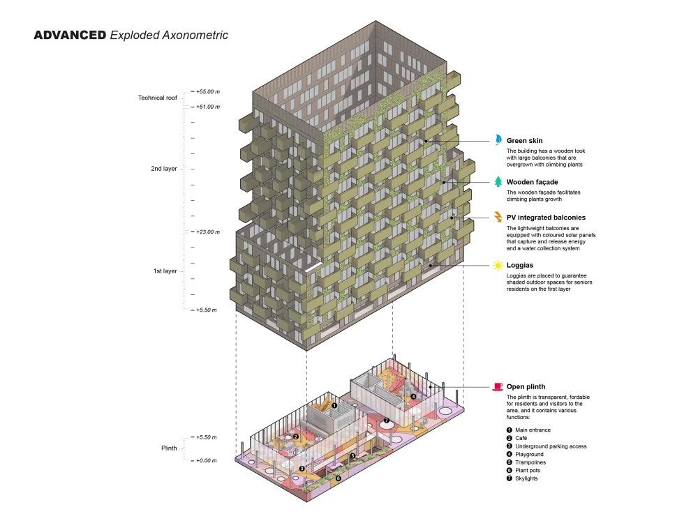 A detailed EXPLODED AXONOMETRIC drawing for your architectural project ...