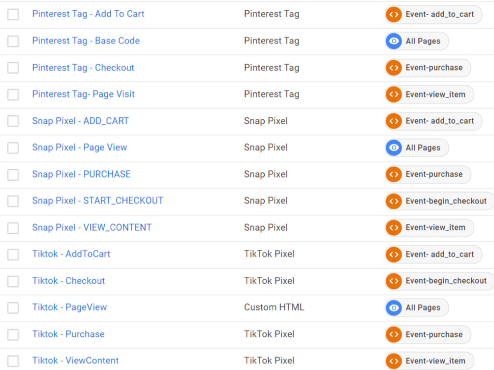 Setup pinterest tag, tiktok pixel, snapchat pixel, conversion API by GTM | Upwork