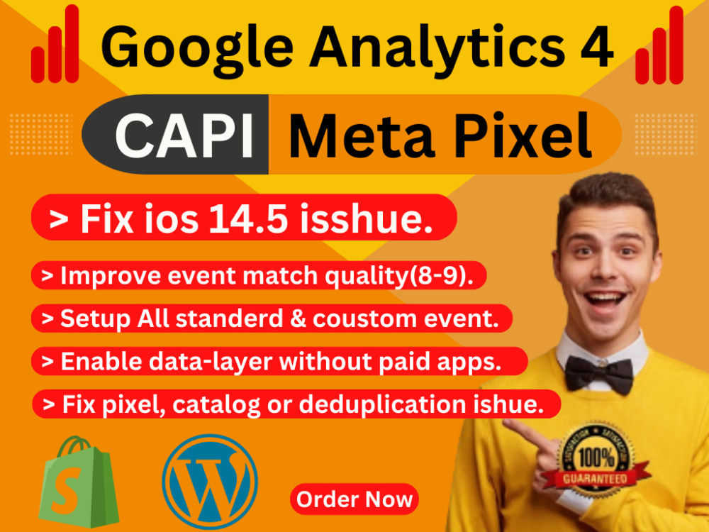 Setup shopify meta pixel capi, web event conversion tracking, tag manager | Upwork