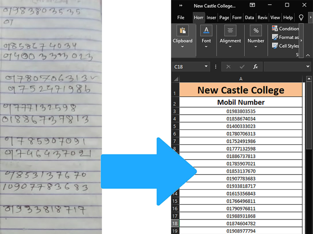 Mobil Number Convert Handwritten to Excel | Upwork