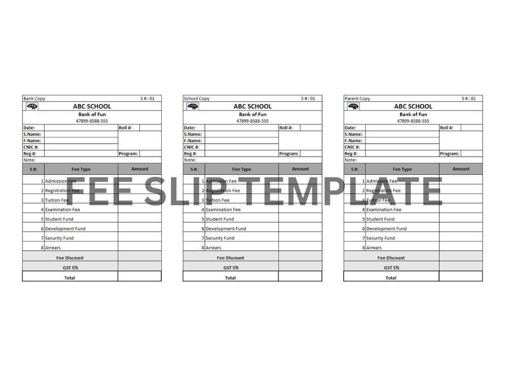 Fee Slip Design on Excel along with All the Formulas and Student ...