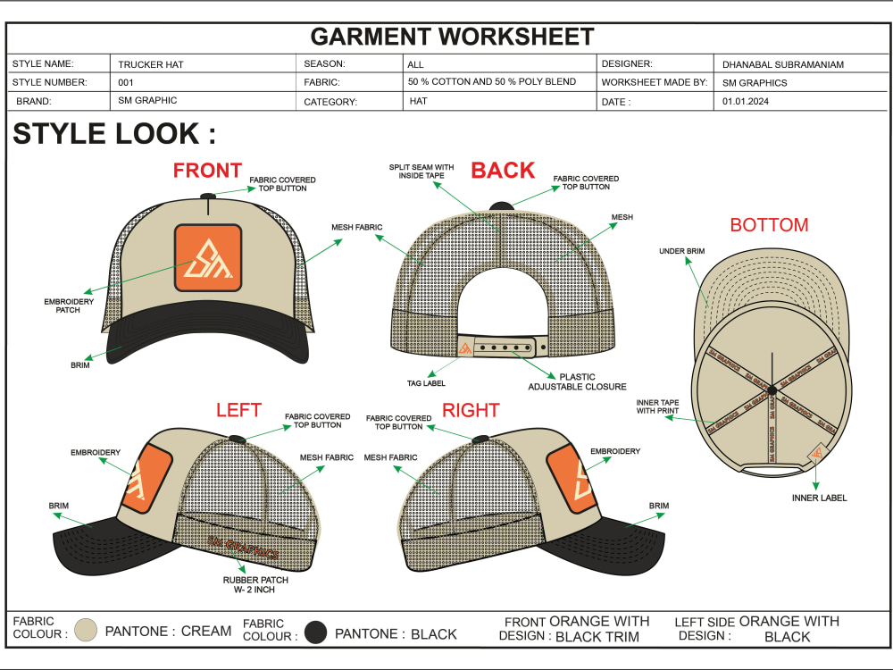 A hat and cap with tech pack with mockup for manufacturer | Upwork