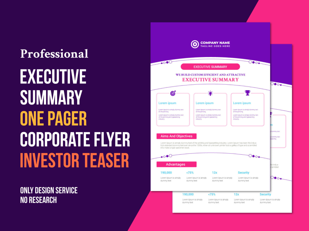 A executive summary, one pager, corporate flyer, investor teaser, or ...