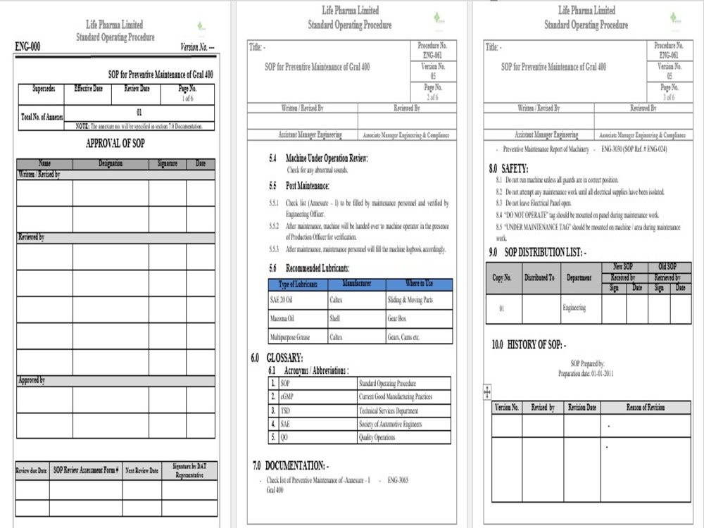 Standard operating procedures SOP, manuals as per WHO, ISO & FDA ...