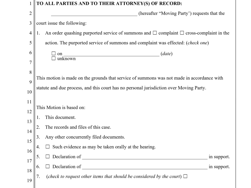 A form for a motion to quash service of summons (CA state court) | Upwork