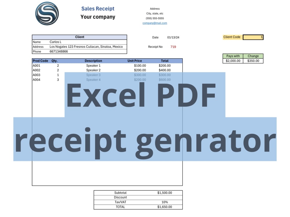 A customizable receipt template in Excel format for printing as PDFs ...