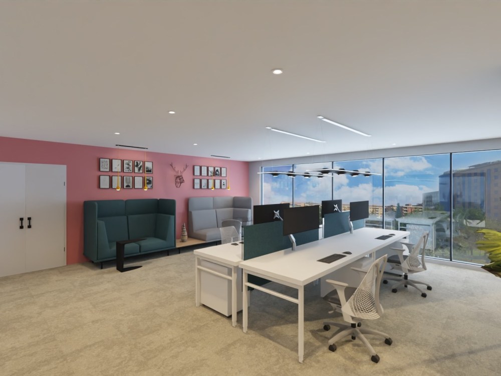 An office design featuring collaborative spaces, co-working areas | Upwork