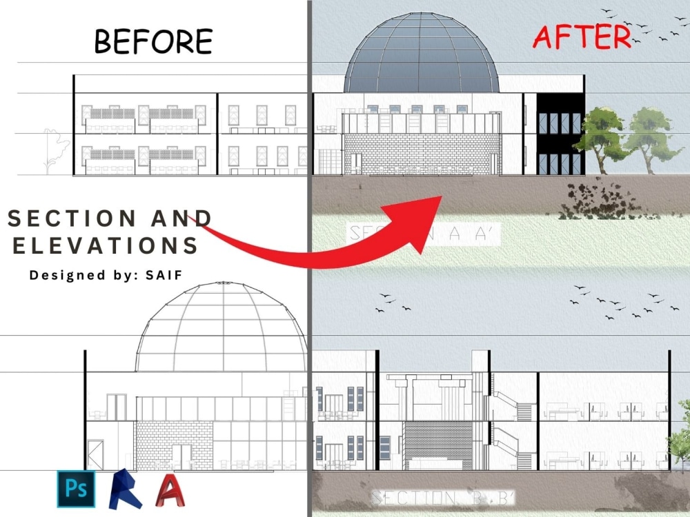 Rendered 2d floor plan, section and elevation in photoshop | Upwork