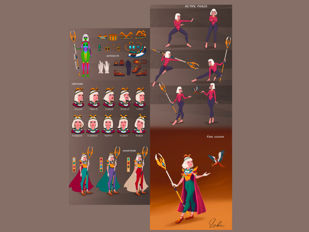 An original 2d character in full body size with front, profile, back ...