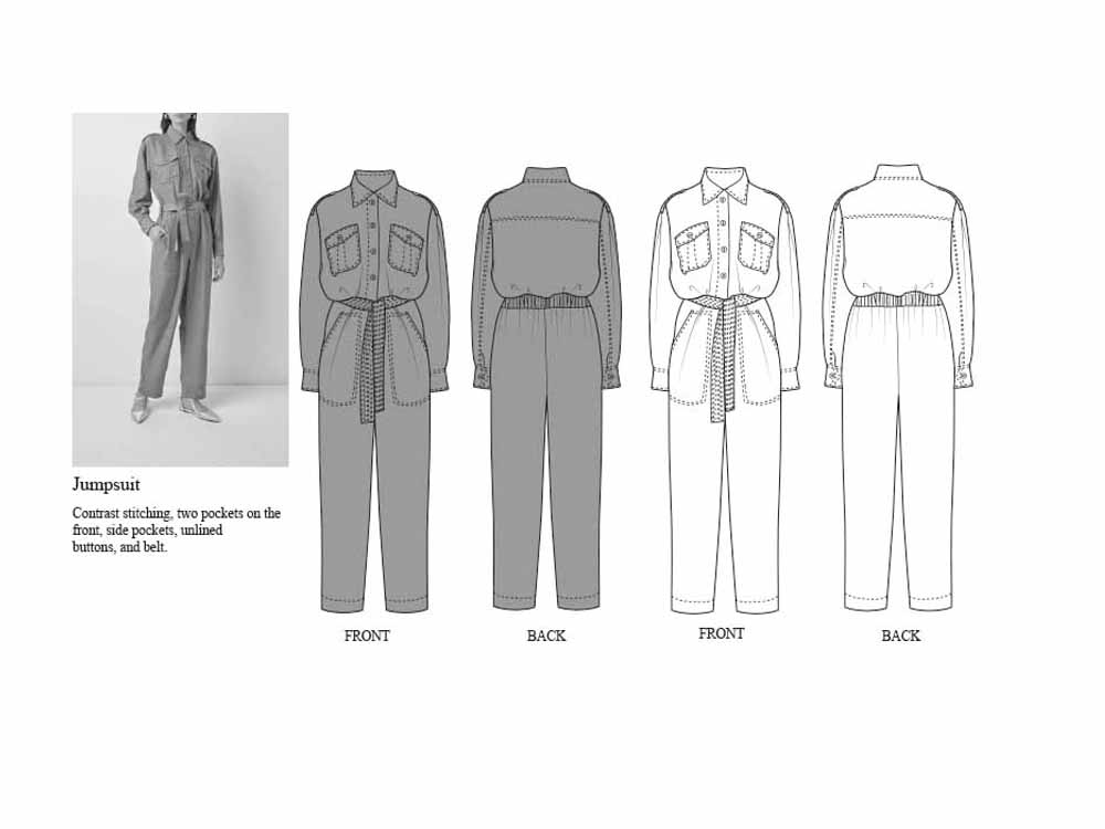 A technical drawing showing front and back view with colour/fabric ...