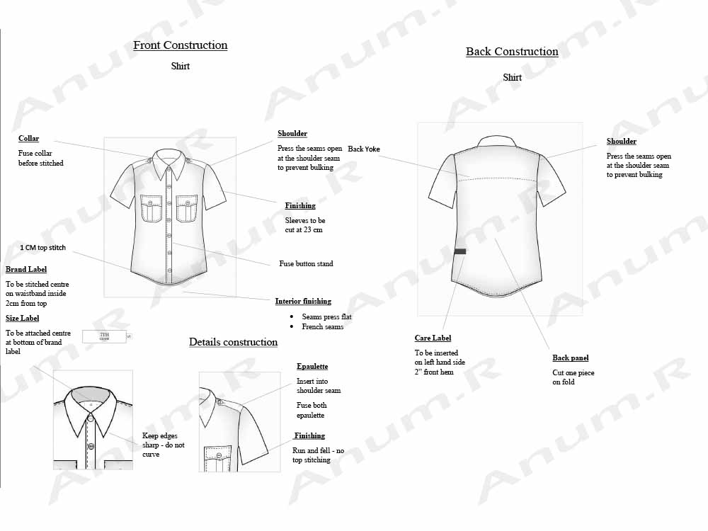 A technical drawing showing front and back view with colour/fabric ...